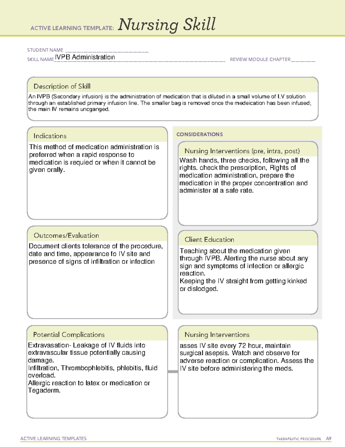 IVPB Administration - ATI MEDICATION TEMPLATE - ACTIVE LEARNING ...