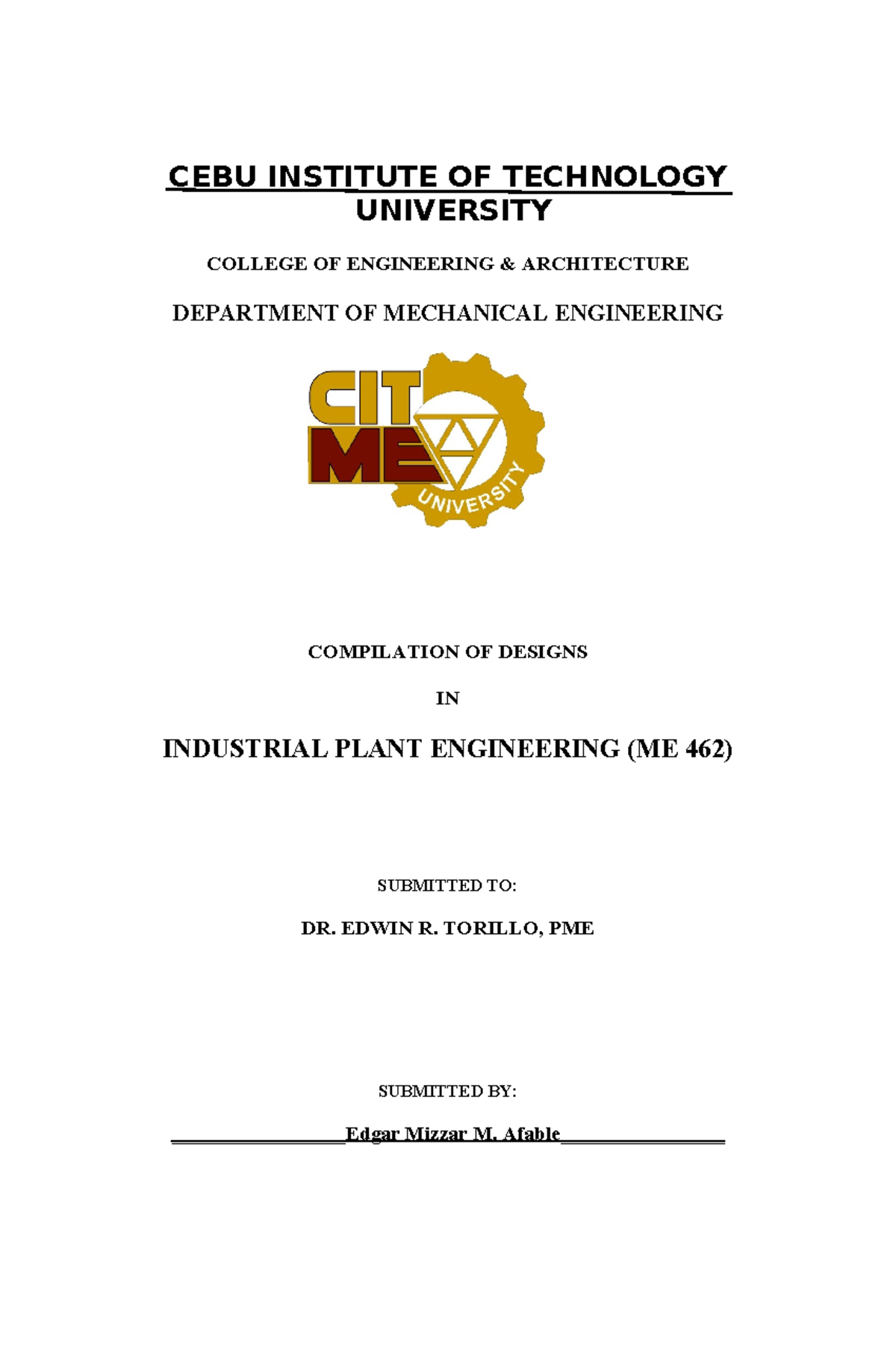 ME462 Cover Page & Table of Contents - Industrial Engineer - CEBU ...
