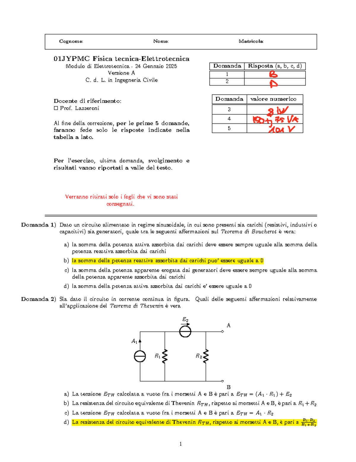 Fisica II - Modulo di Elettrotecnica - Esame 24 Gennaio 2025 - Versione ...