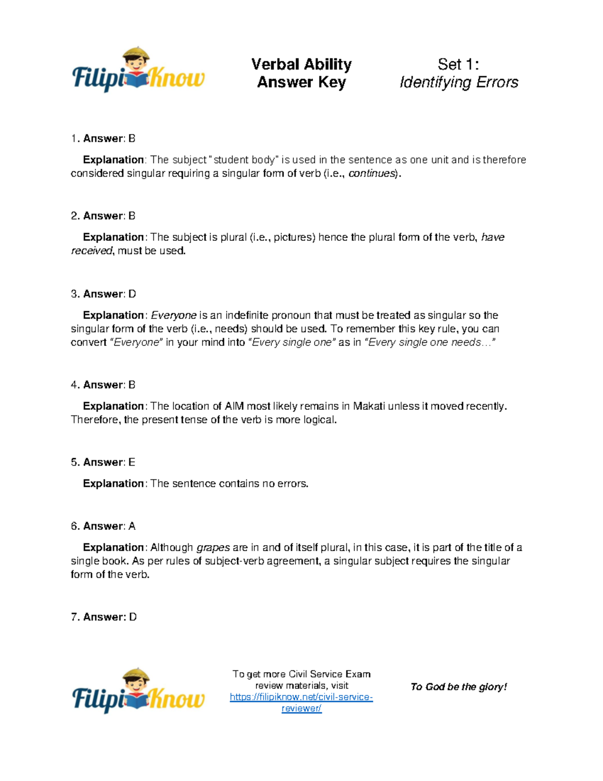 Verbal Ability Answer Key Set 1 - Civil Service Exam Insights - Studocu