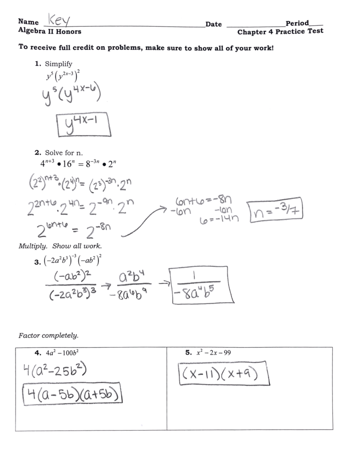 Polynomials Practice test key - DSD23 - Name Key Date Period Algebra II ...