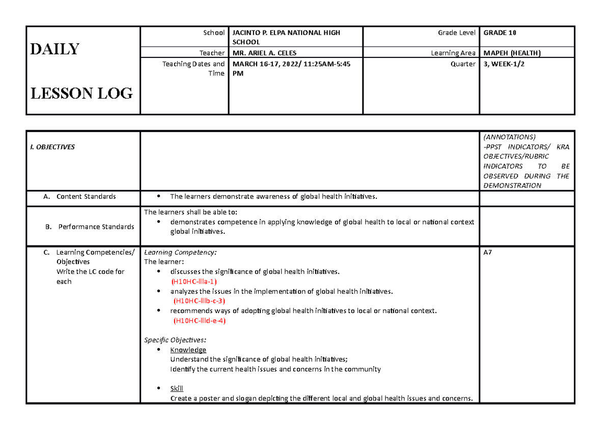 Grade 10 Health Lesson Plan: Global Health Initiatives Overview - Studocu