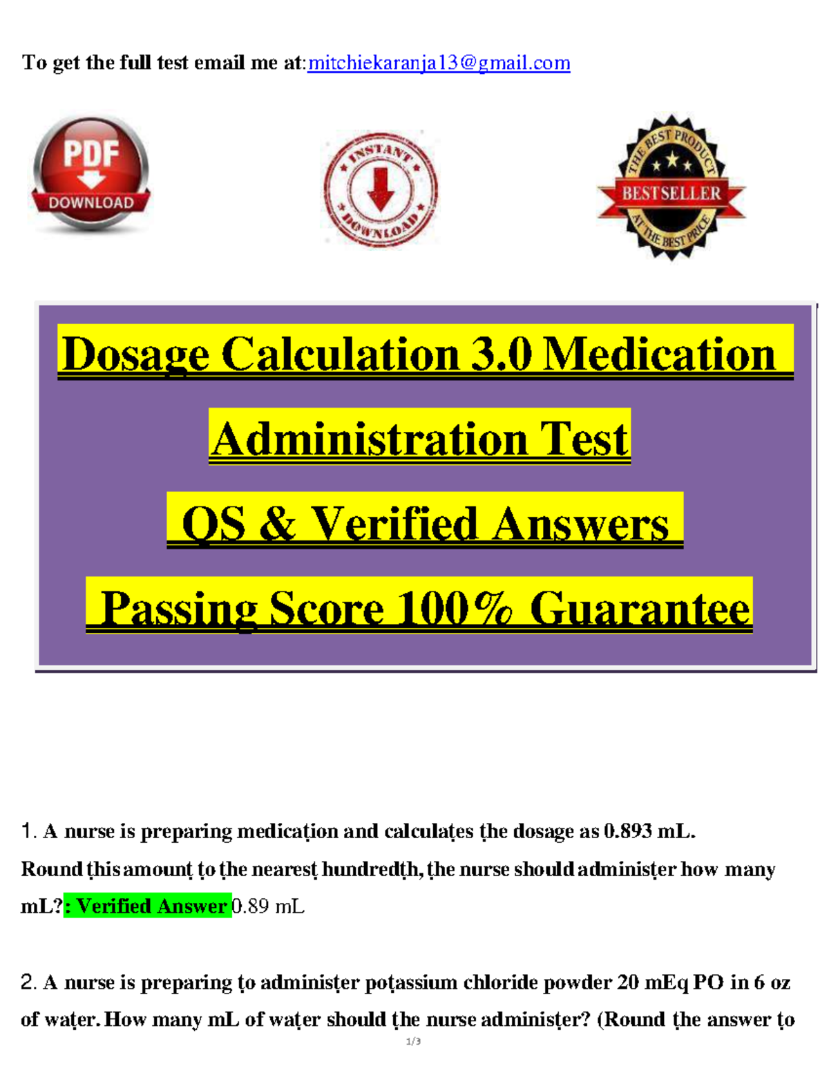Dosage Calculation 3.0 Medication Administration Test QS Verified ...