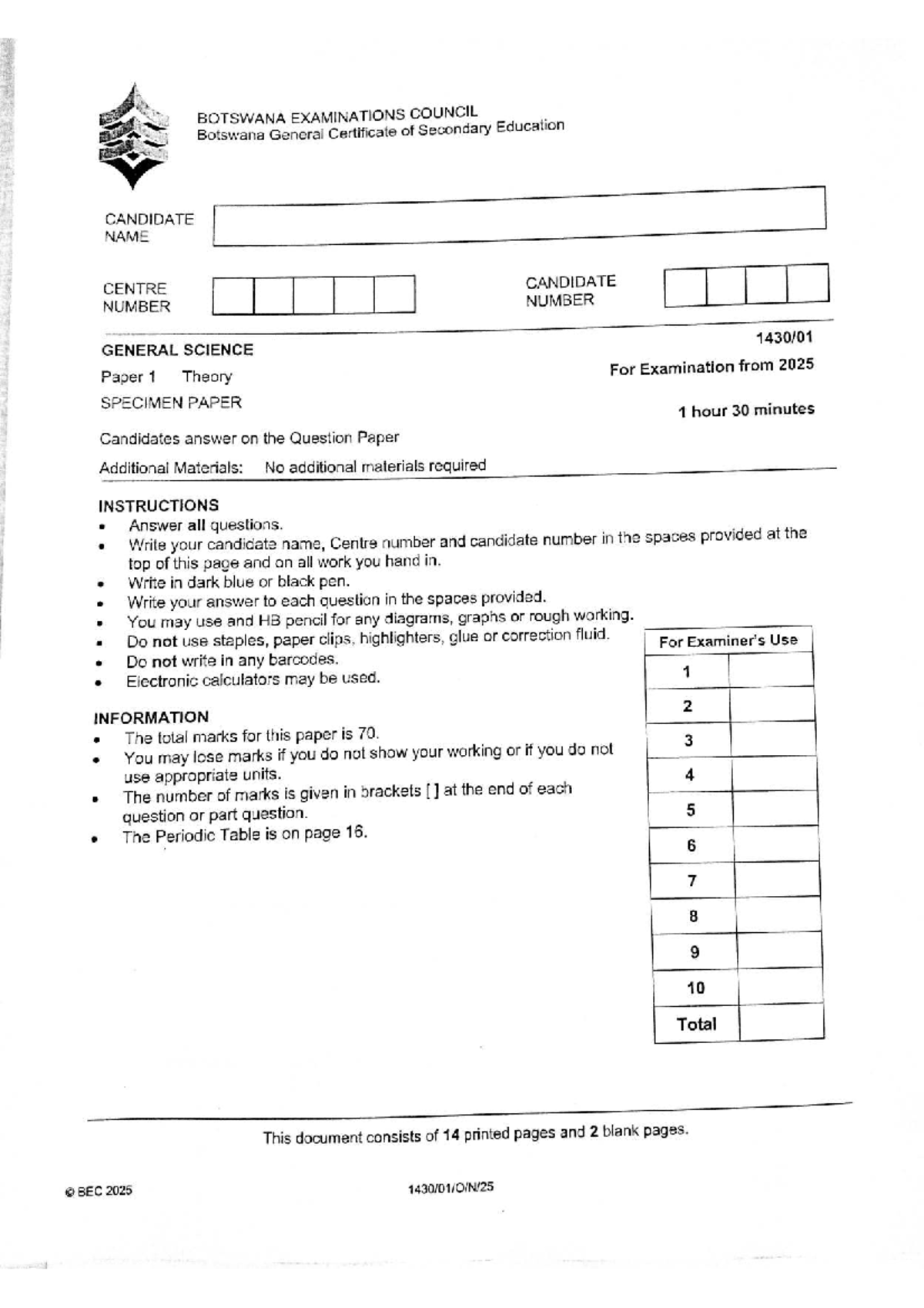 BEC 2025 General Science Specimen Paper 1 Theory Exam - Studocu