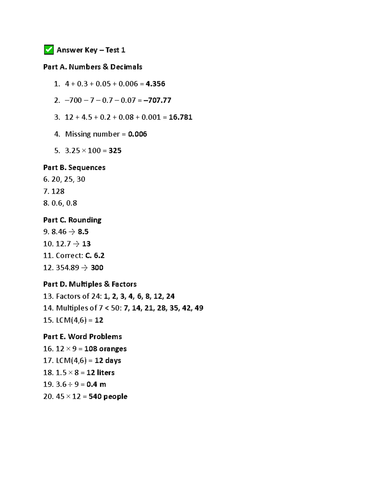 Answer Key for Test 1 & 2: Numbers, Sequences, Rounding, Factors - Studocu