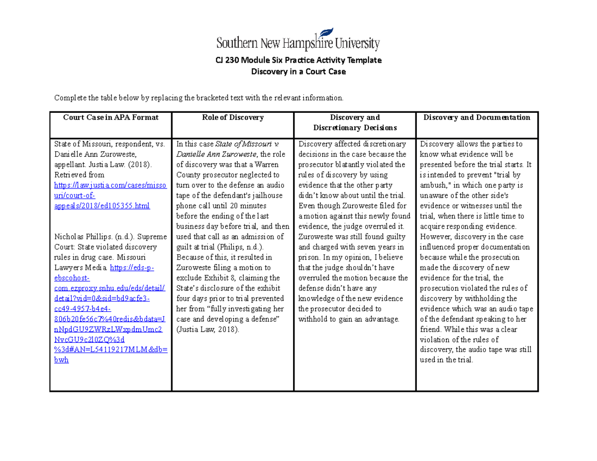 CJ 230 Module Six Practice Activity: Discovery in Court Case Analysis ...