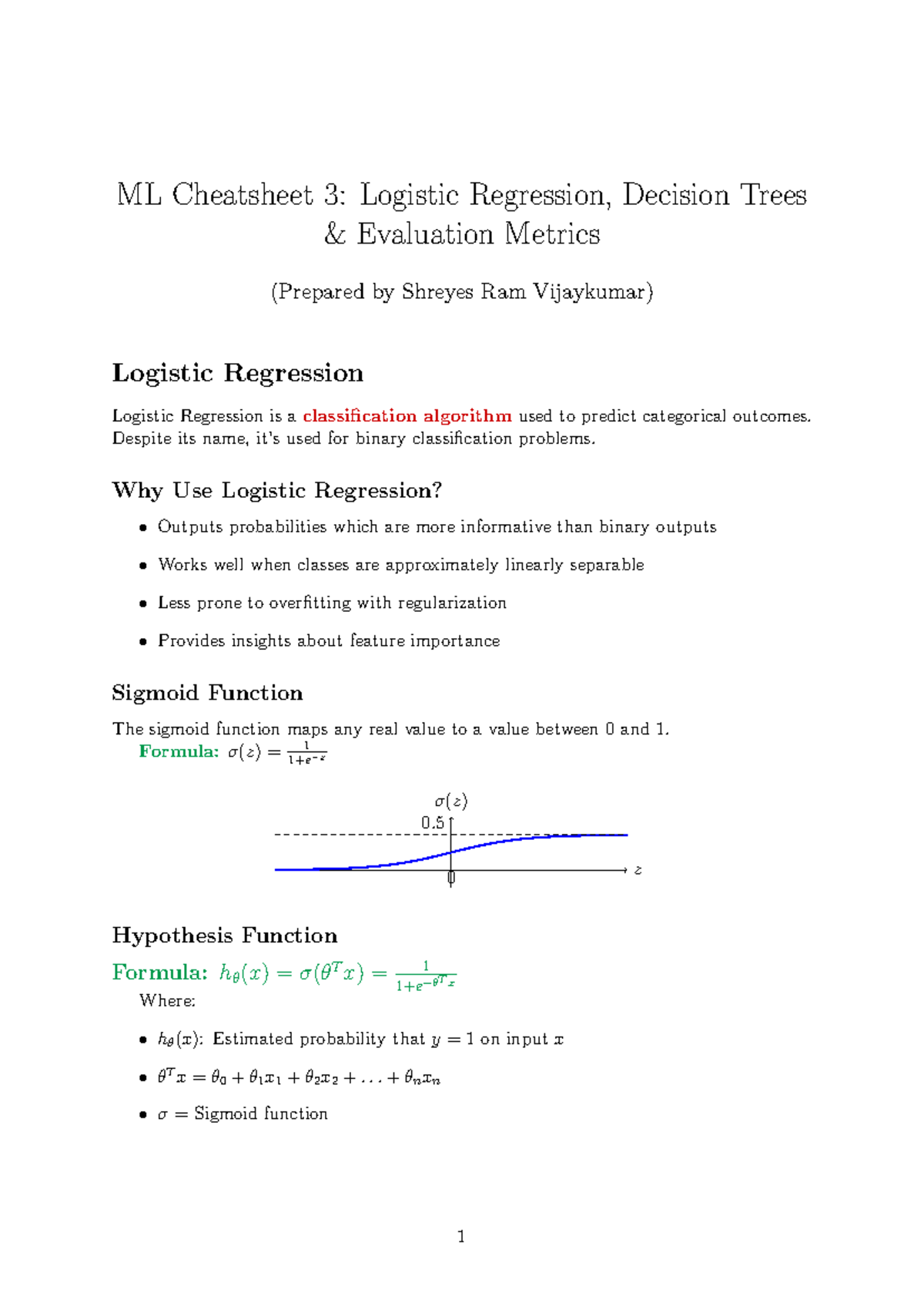 ML Cheatsheet 3: Logistic Regression & Decision Trees Metrics - Studocu
