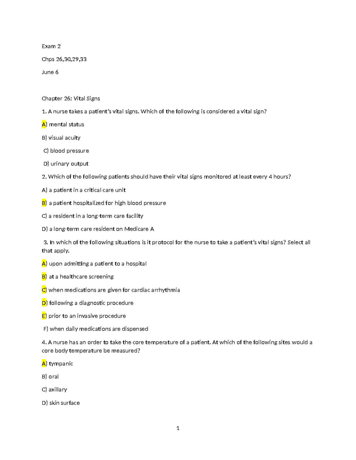 Exam 2 Study Guide: Vital Signs and Complementary Health (NUR 101 ...