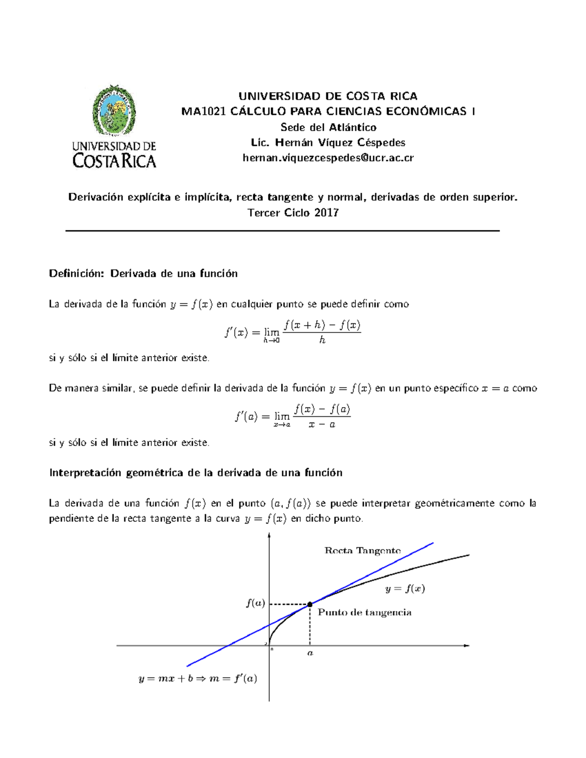 Derivadas y Aplicaciones en Cálculo para Ciencias Económicas I (MA 1021 ...