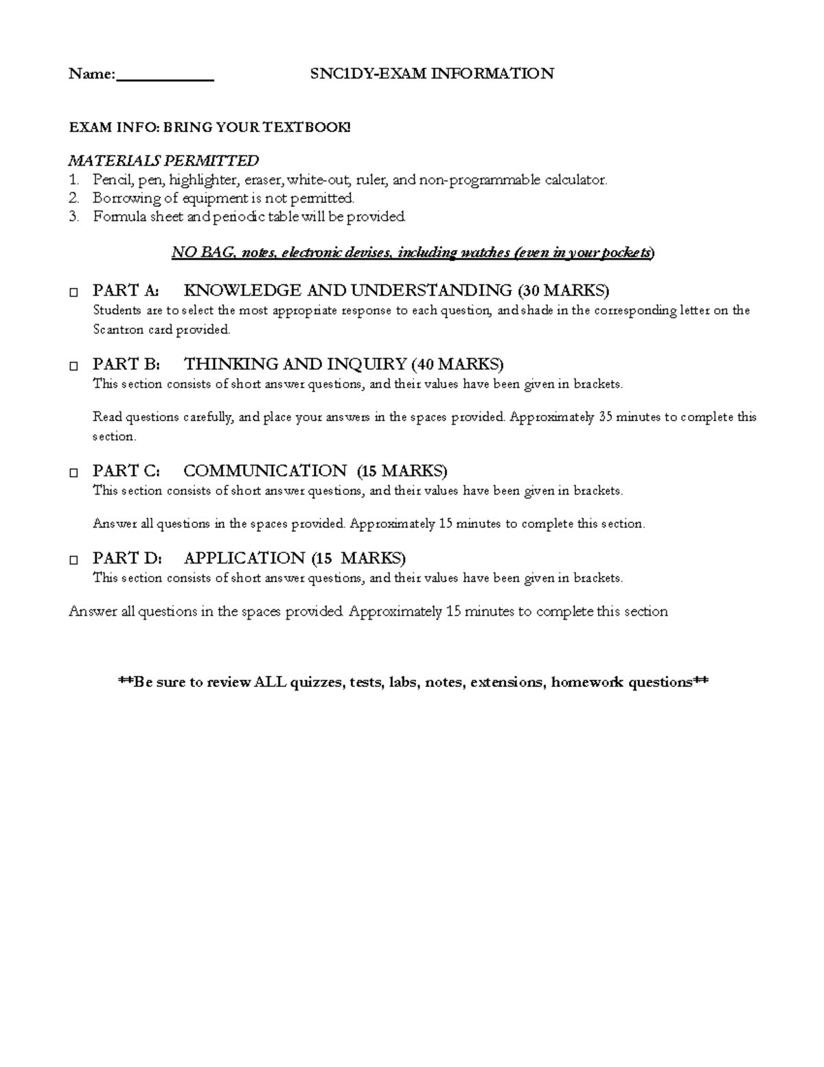 SNC 1DY Final Exam Review: Key Concepts and Guidelines - Studocu