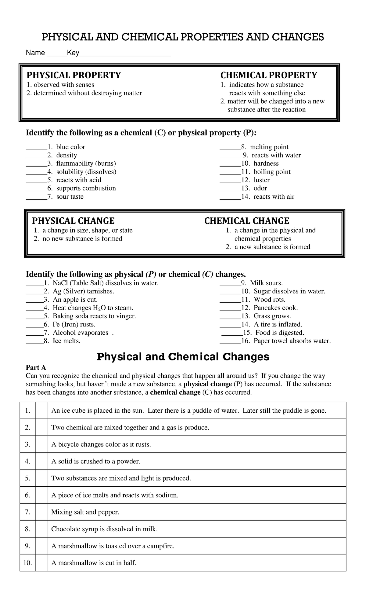 Physical and Chemical Properties and Changes: Class Notes (SCI101 ...