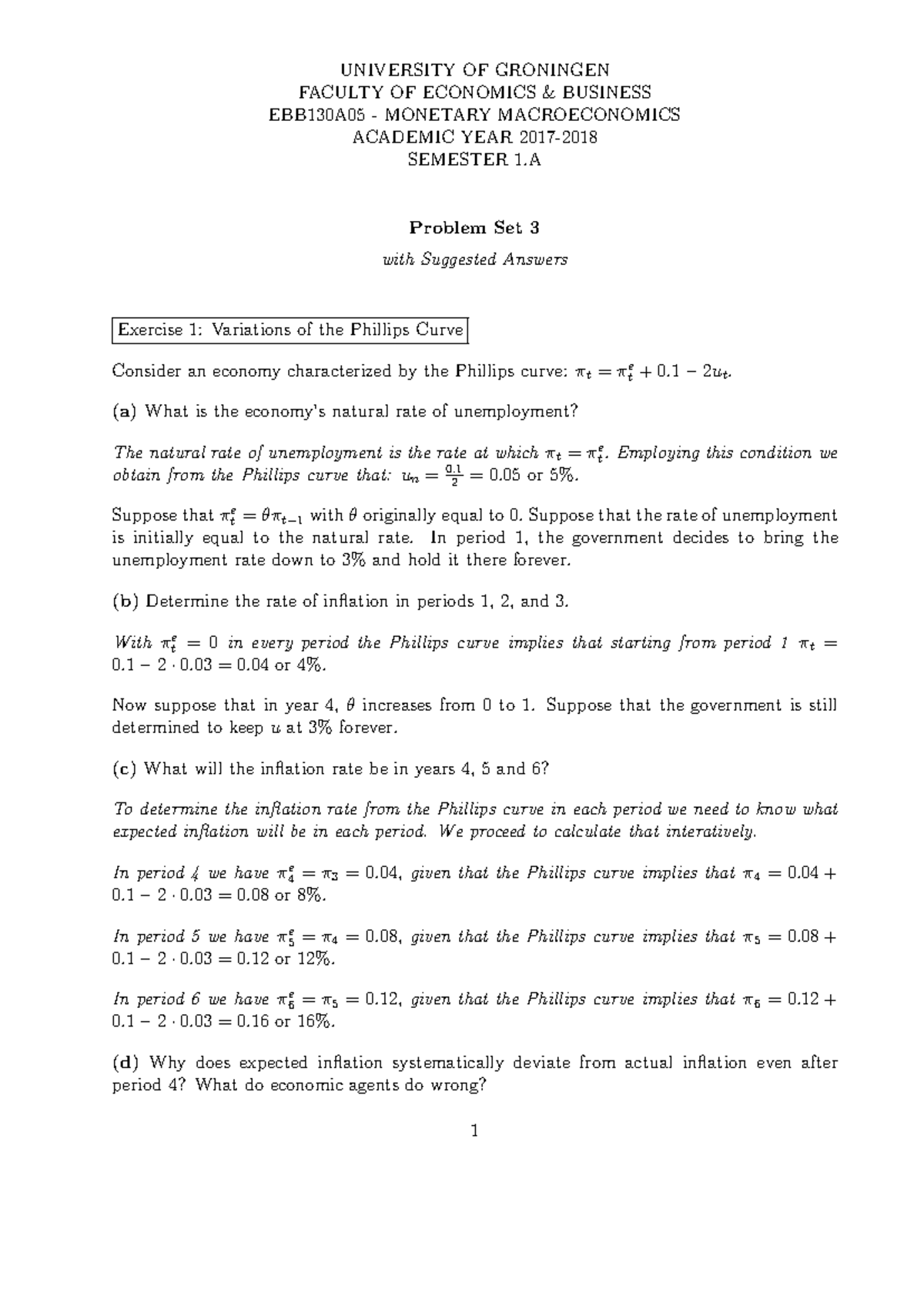 Problem Set 3 Solutions - EBB130A05 Monetary Macroeconomics - Studeersnel