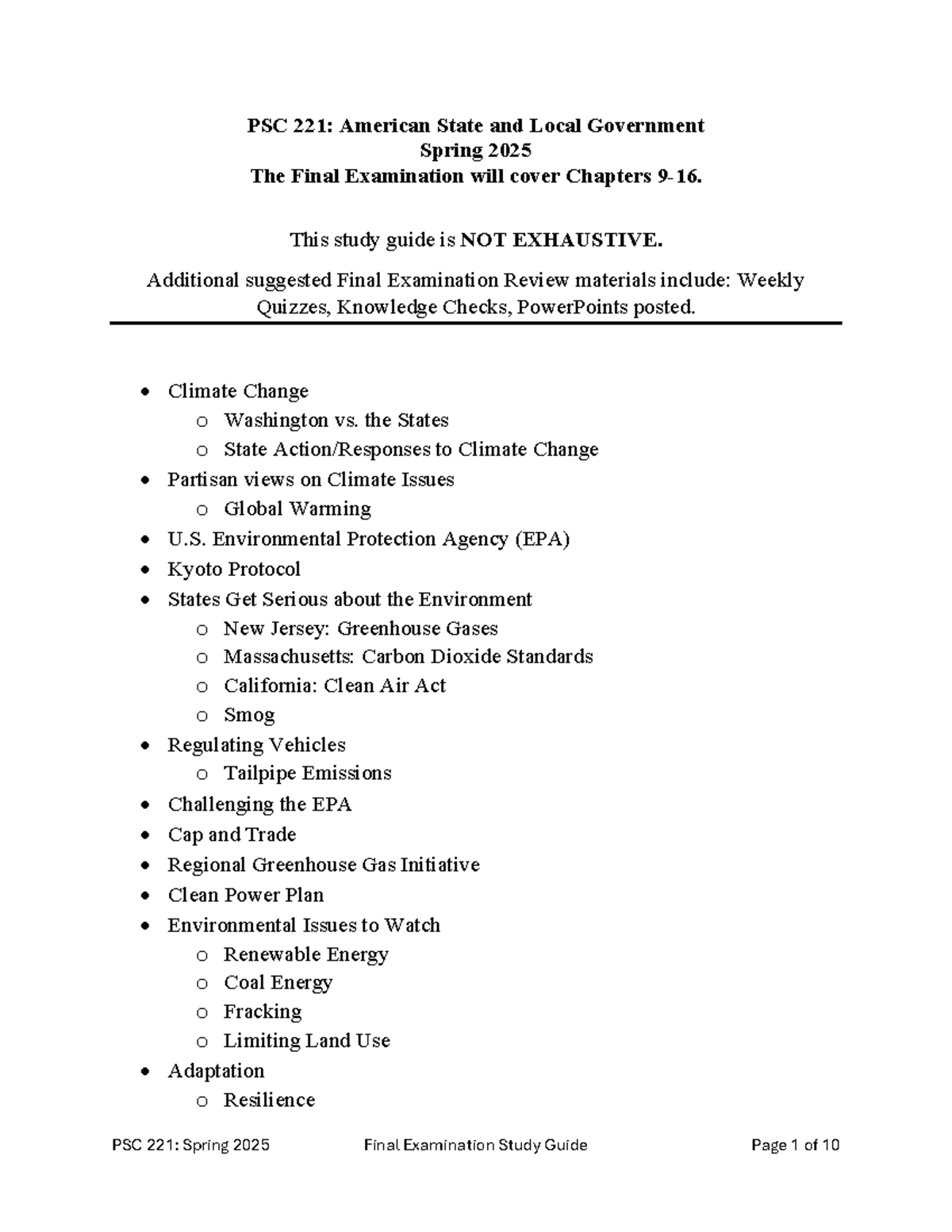 PSC 221: Spring 2025 Final Exam Study Guide on State and Local ...