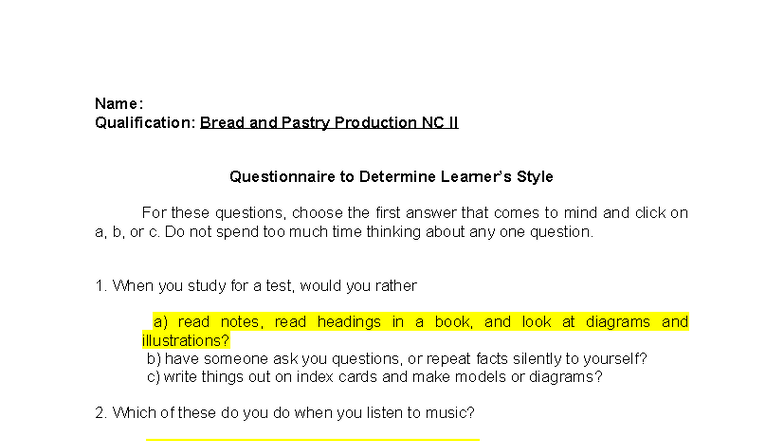 PTS 1: Questionnaire to Determine Learners' Styles in Baking - Studocu