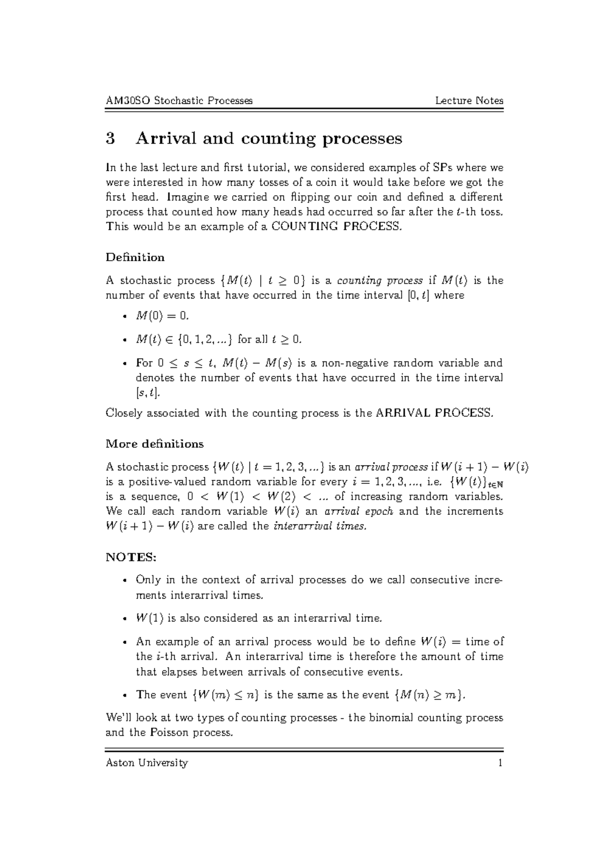 AM30SO l3 - Lecture Notes on Arrival and Counting Processes - Studocu