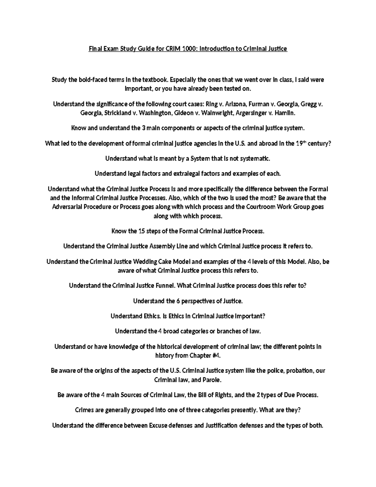 Final Exam Study Guide for CRIM 1000: Intro to Criminal Justice ...