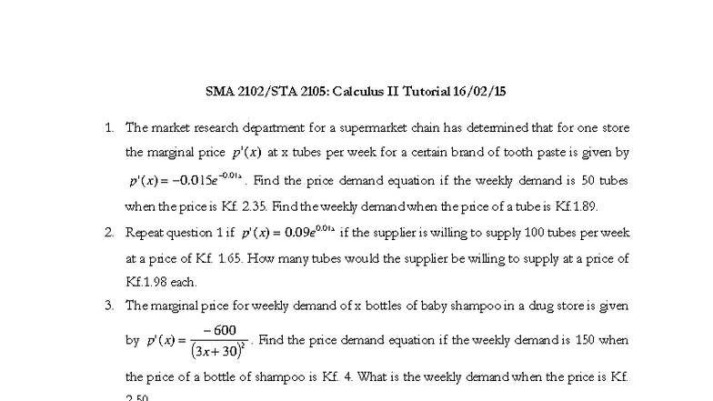 SMA 2105: Calculus II Tutorial 1 - Demand & Revenue Analysis - Studocu