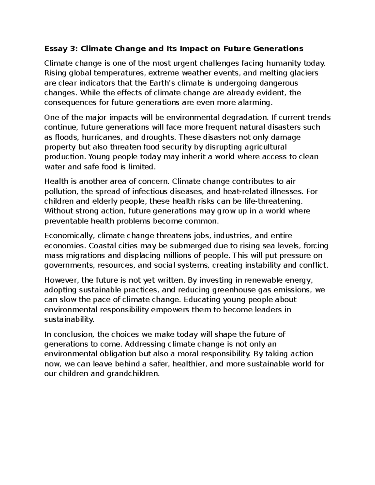 Essay 3: Climate Change's Impact on Future Generations - Studocu