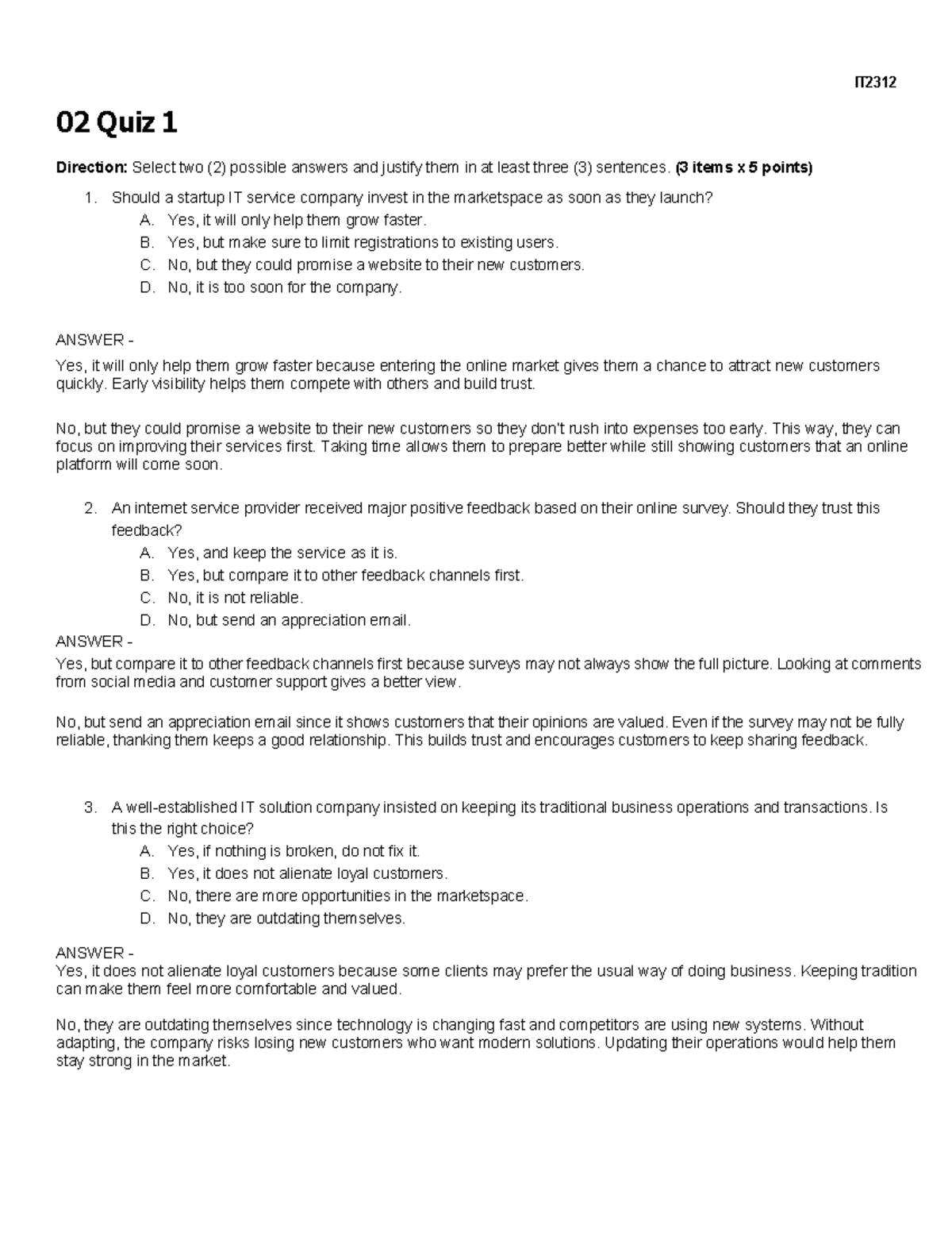 IT2312 02 Quiz 1: Analyzing Startup Strategies and Feedback - Studocu