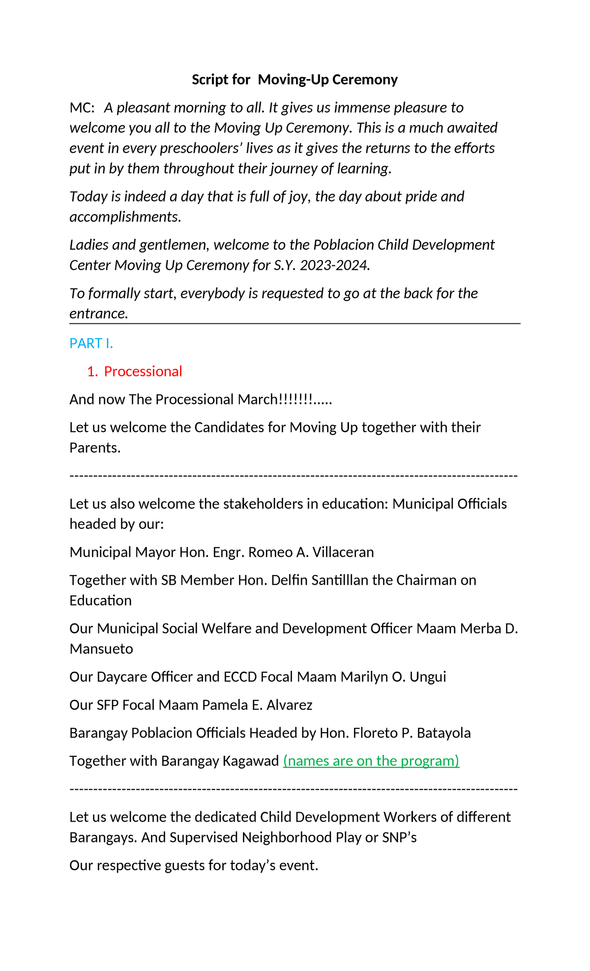 Script for Moving Up Ceremony 2023-2024 at Poblacion CDC - Studocu