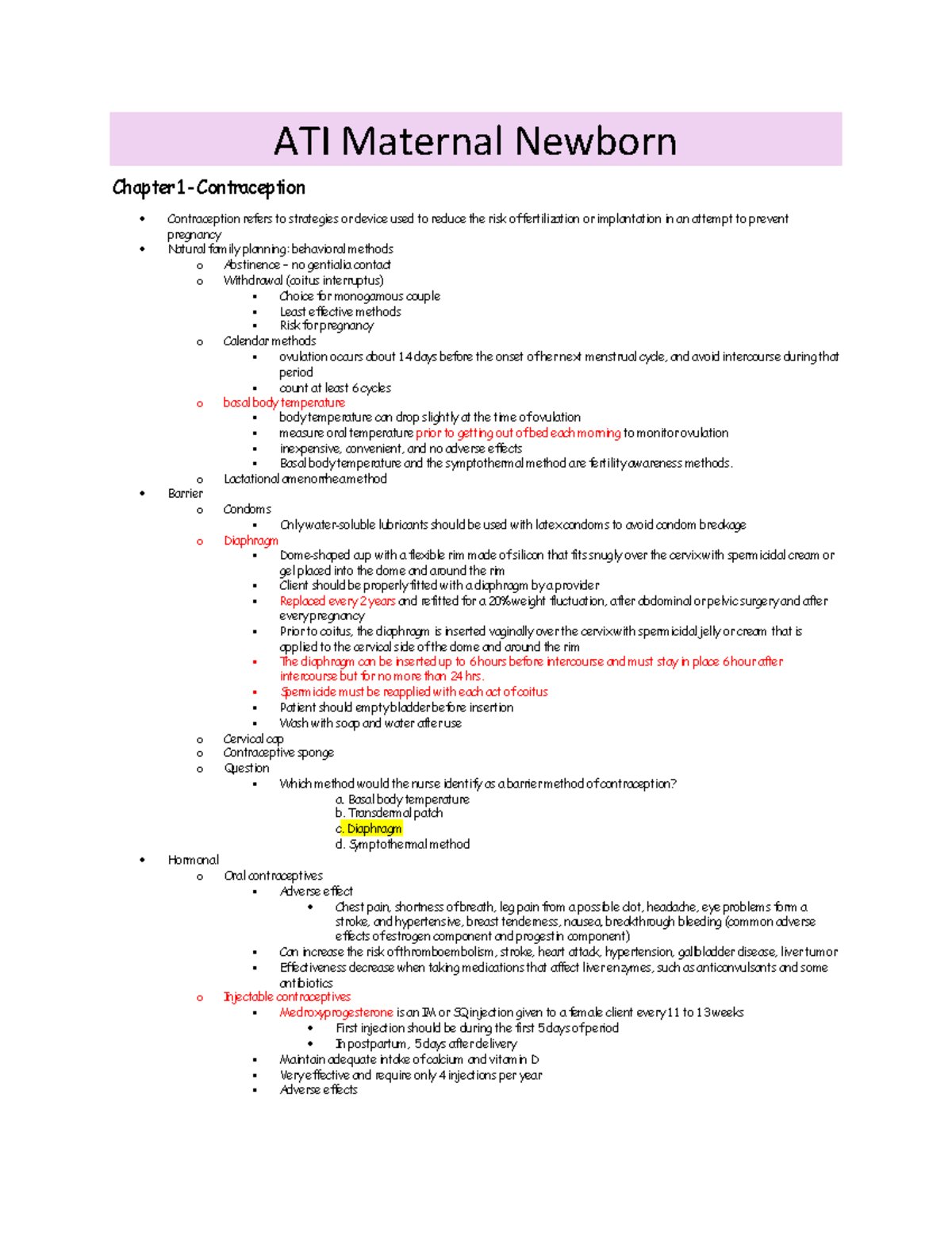 ATI Maternal Newborn Chapter: Contraception and Pregnancy Overview ...