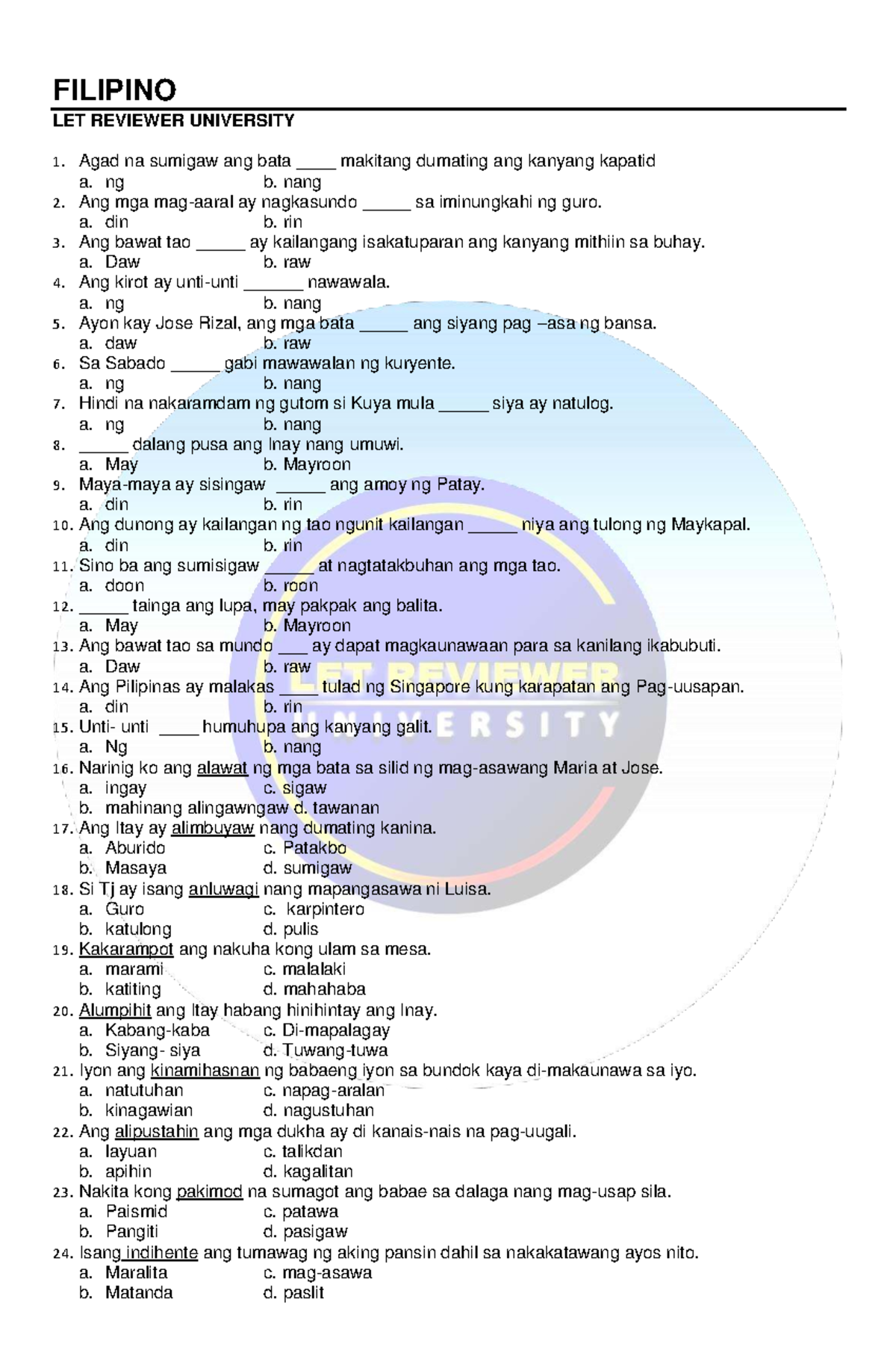 FILIPINO LET REVIEWER UNIVERSITY: Practice Questions and Answers - Studocu