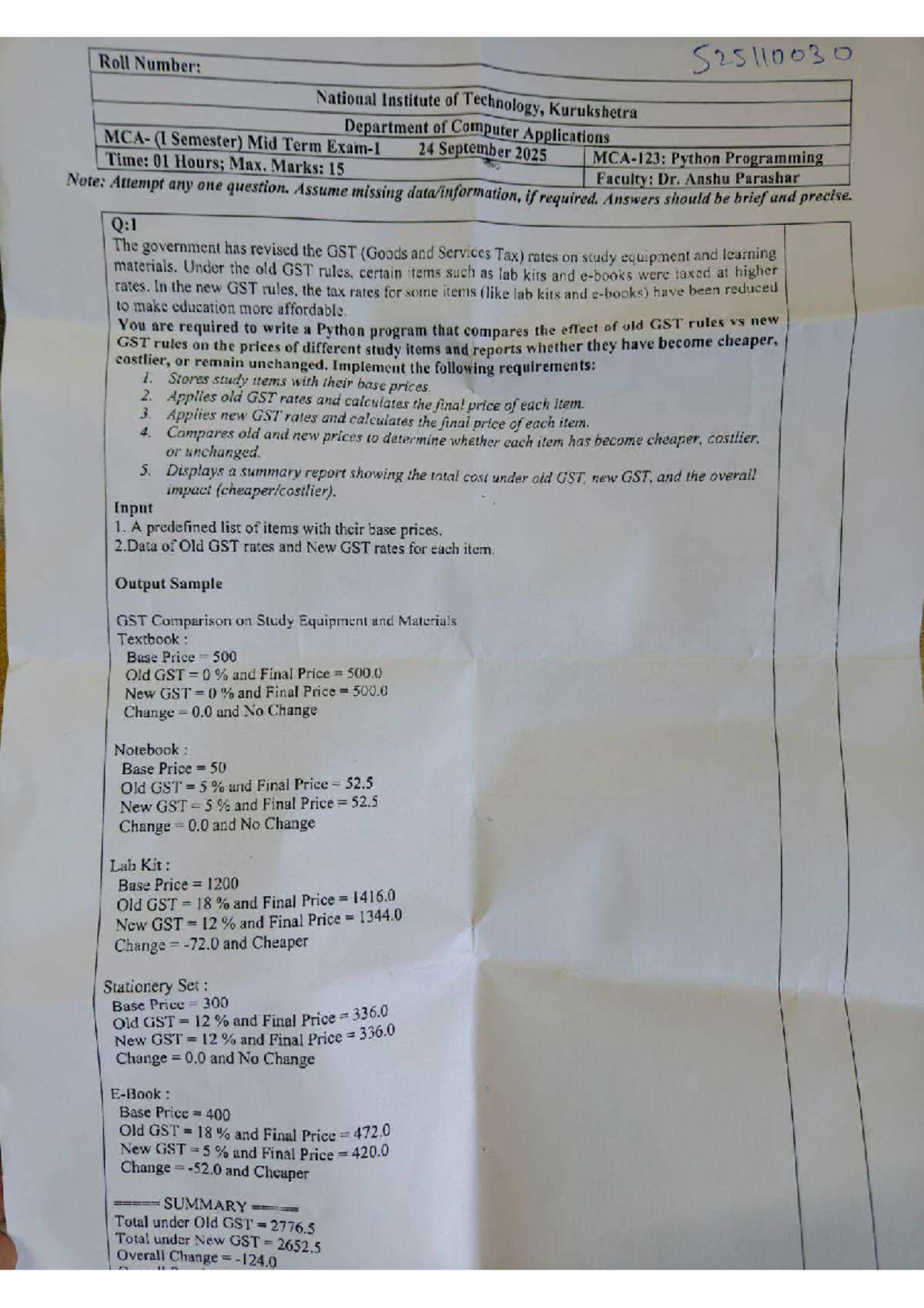 MST1 - Python Programming Mid Term Exam: GST Comparison Analysis - Studocu