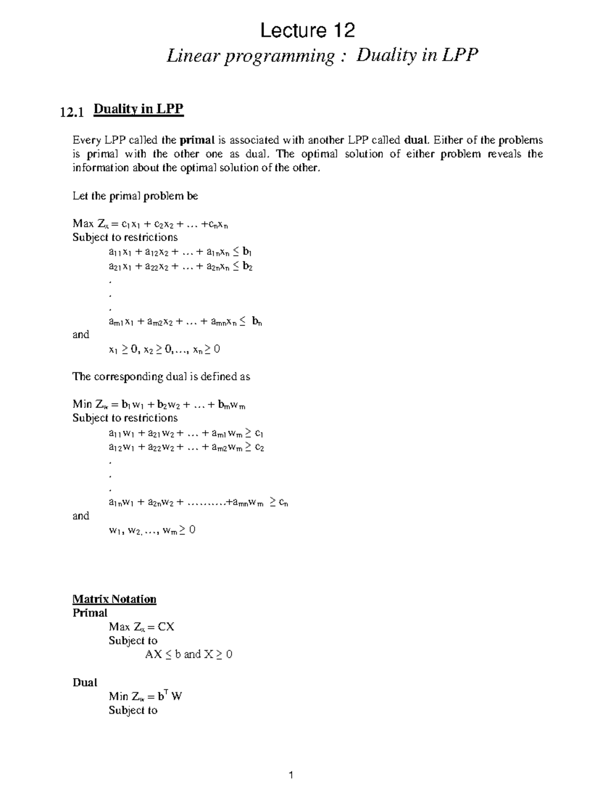 Linear Programming: Chapter 12 - Duality in LPP - Studocu