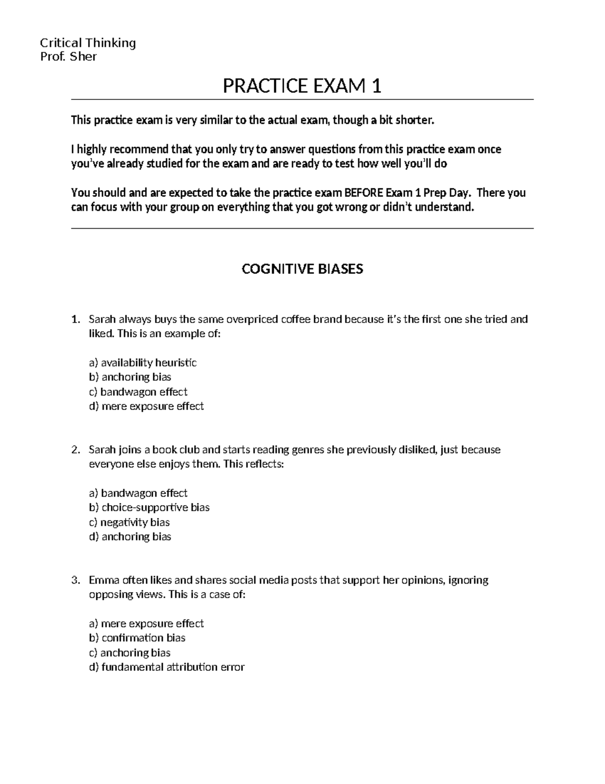 Critical Thinking Practice Exam 1 - Prof. Sher Review Guide - Studocu