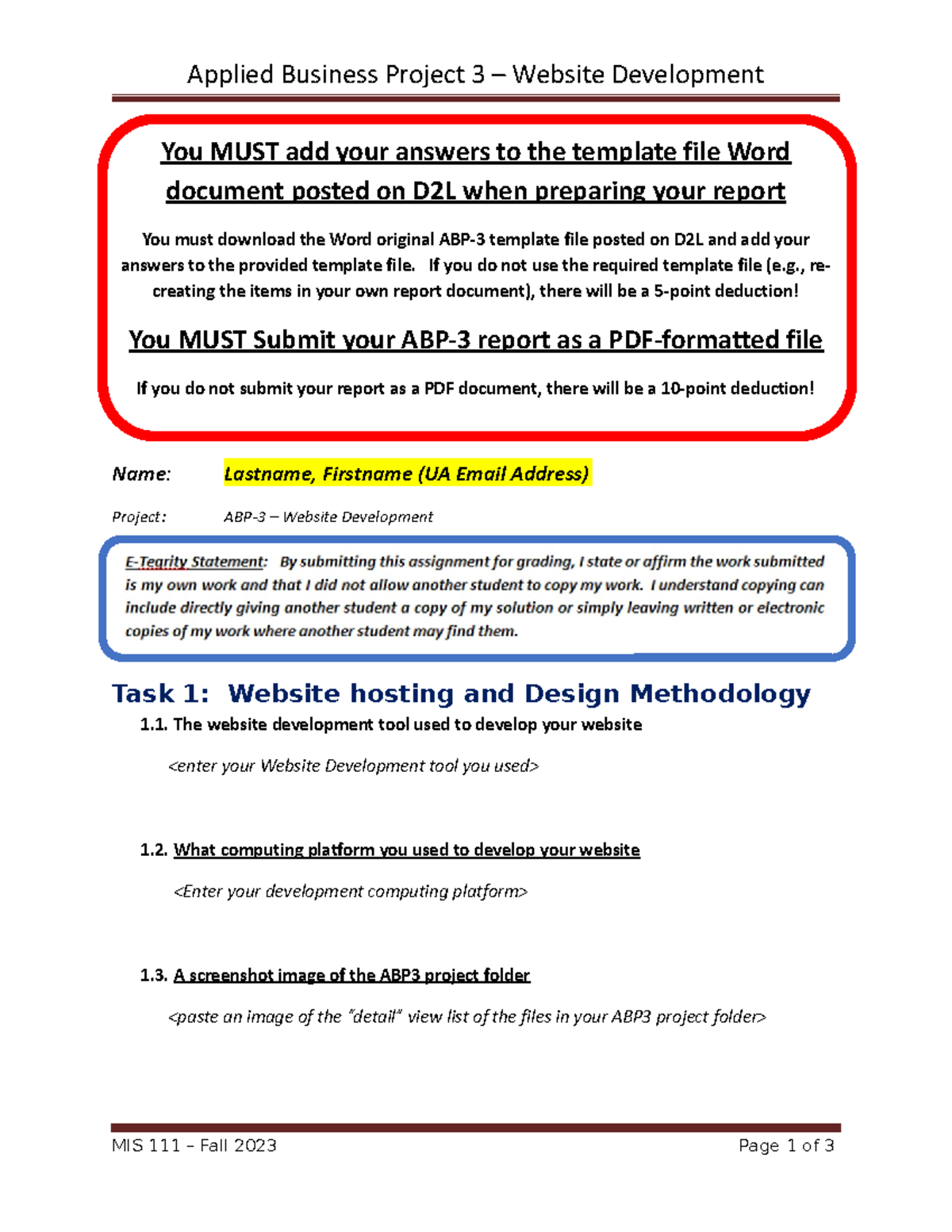 MIS-111-F23-ABP-3-Template for Website Development Project Report - Studocu