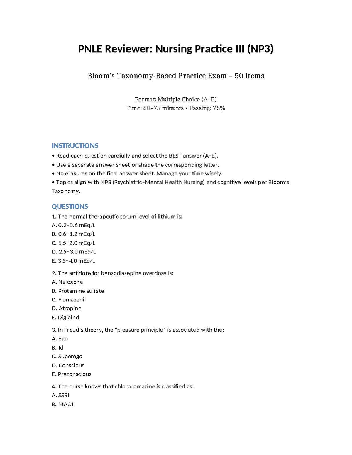 PNLE NP3 Nursing Practice Exam: 50 Item Reviewer - Studocu