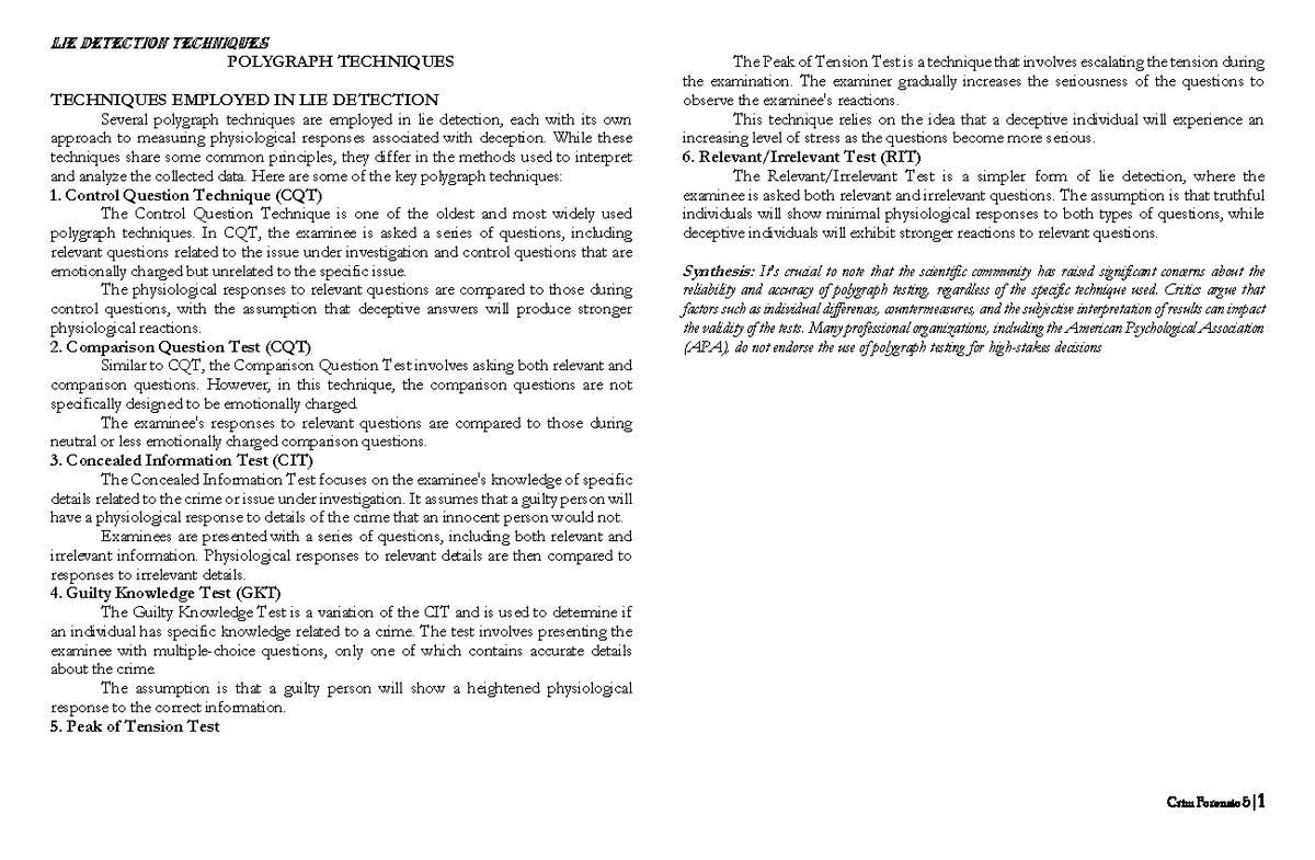 Polygraph Techniques in Lie Detection: A Comprehensive Overview Crim Forensic 5 - Studocu