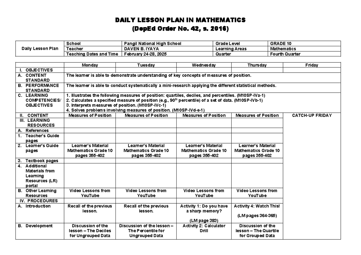 DLL - Mathematics 10 Daily Lesson Plan on Measures of Position - Studocu
