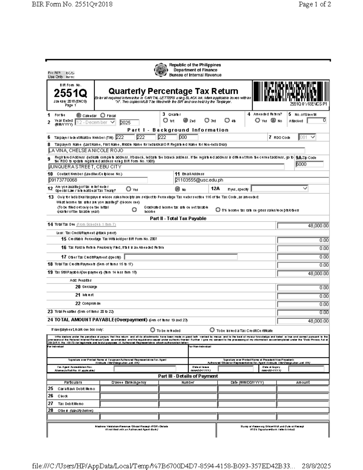 BIR Form No. 2551Q - Quarterly Percentage Tax Return Guide - Studocu