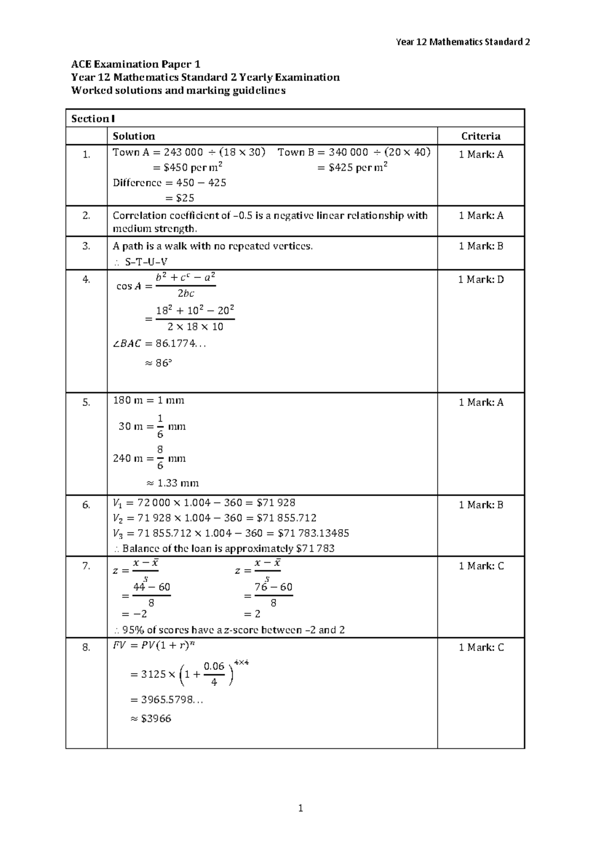Year 12 Mathematics Standard 2 ACE Exam Paper 1 Solutions and Marking ...