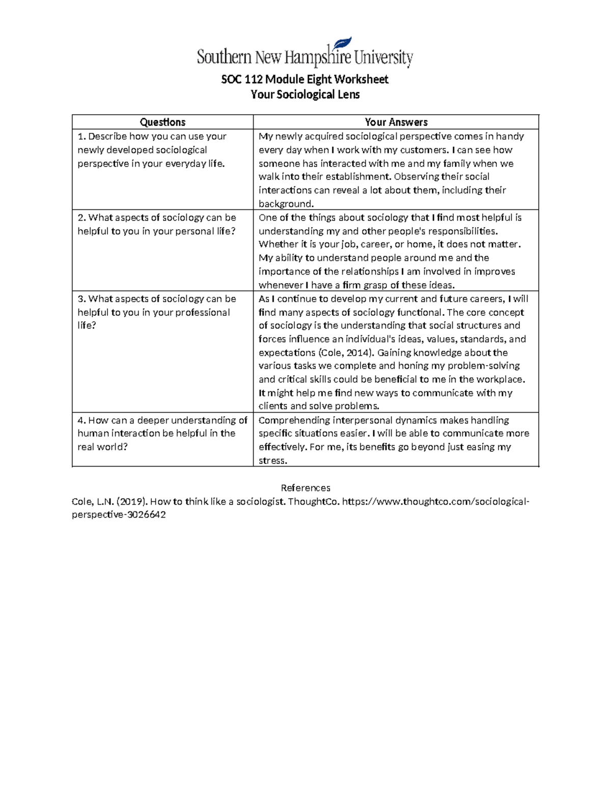 SOC 112 Module Eight Reflection Worksheet: Your Sociological Lens - Studocu