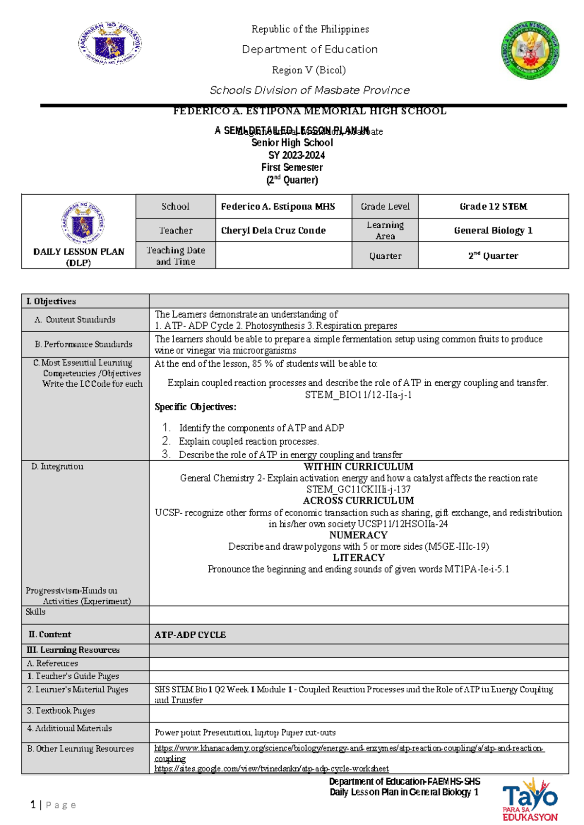 Q2 Lesson Plan: The ATP-ADP Cycle in General Biology 1 (STEM_BIO11/12 ...