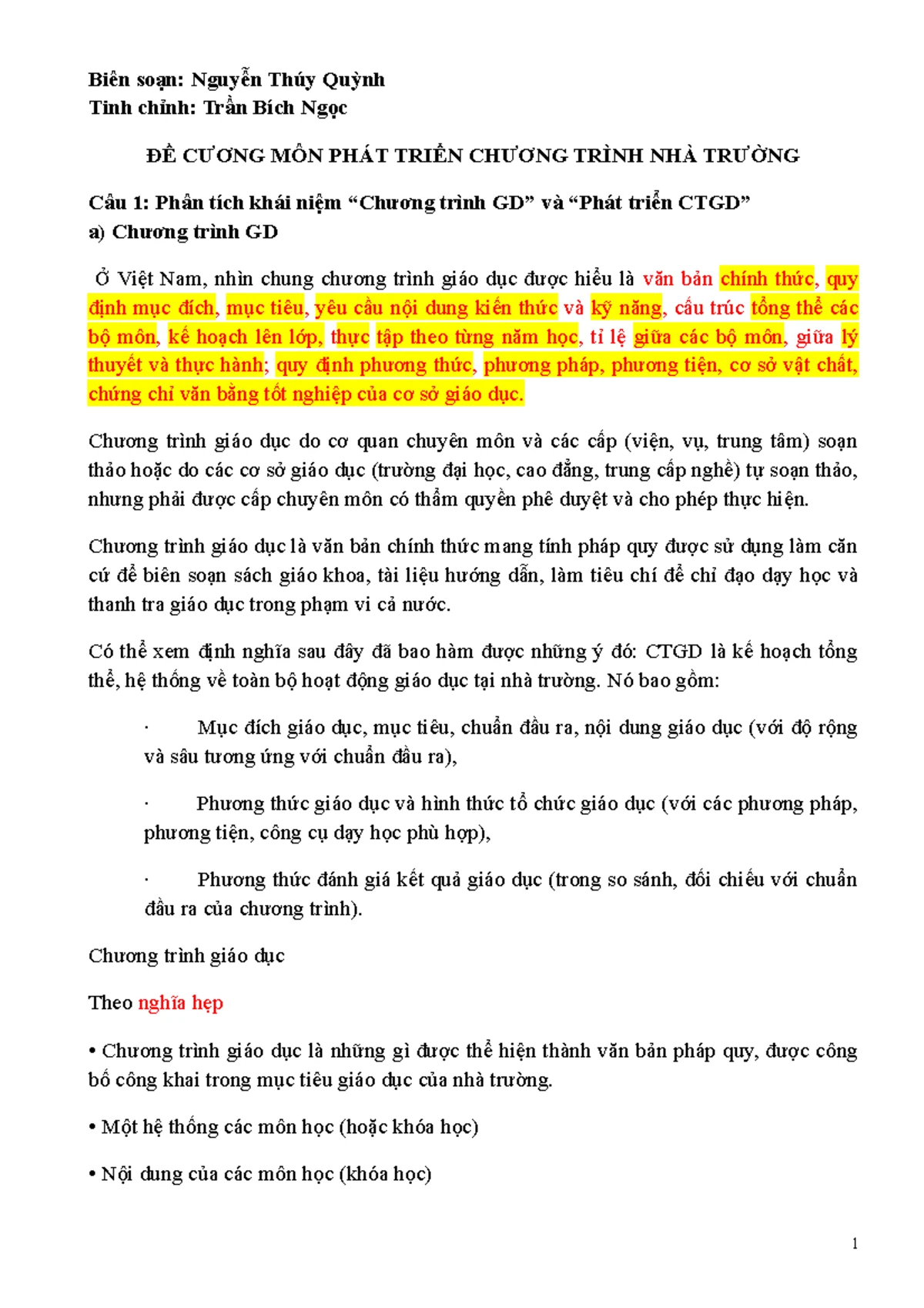 Đề cương Ptctnt - Phát triển chương trình nhà trường là một môn học ý nghĩa, mang lại nhiều kiến ...