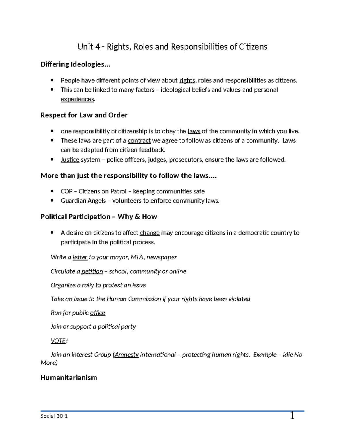 Social Studies 30-1 Unit 4 Review Notes - Unit 4 - Rights, Roles and ...