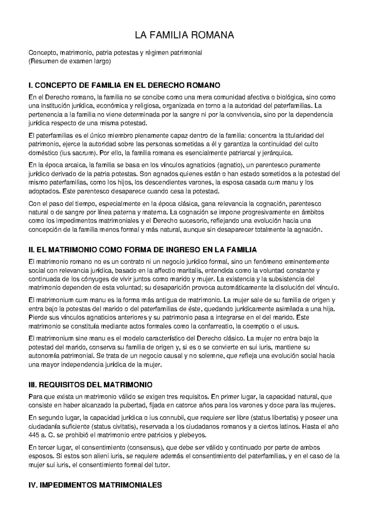 LA FAMILIA ROMANA: Matrimonio y Patria Potestas (Resumen Examen) - Studocu