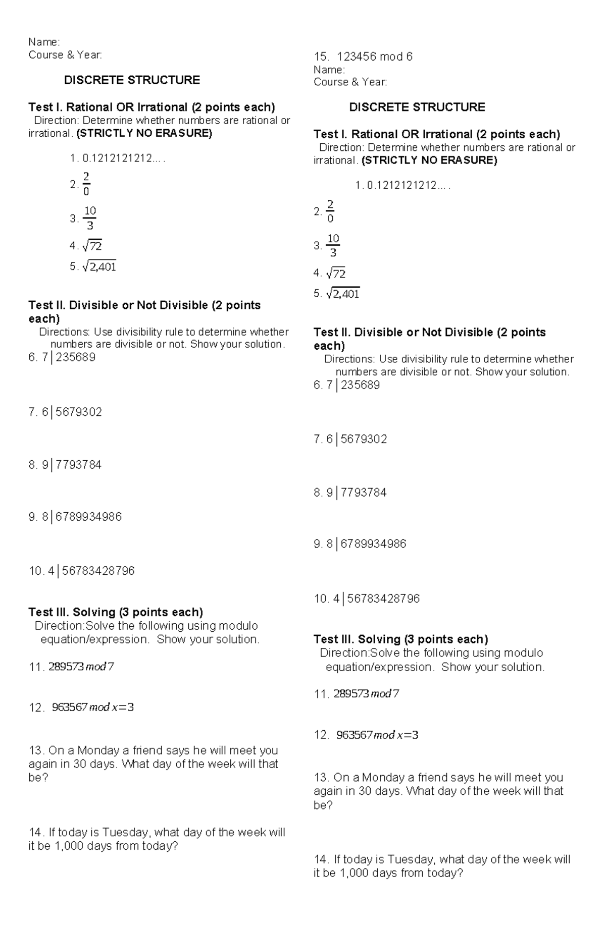 DISCRETE STRUCTURE 15: Test I & II on Rationality and Divisibility ...