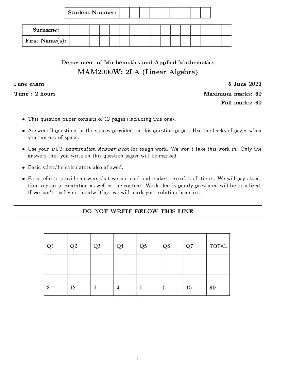 Linear Algebra 2LA June 2023 Exam Paper - Full Marks: 60 - Studocu