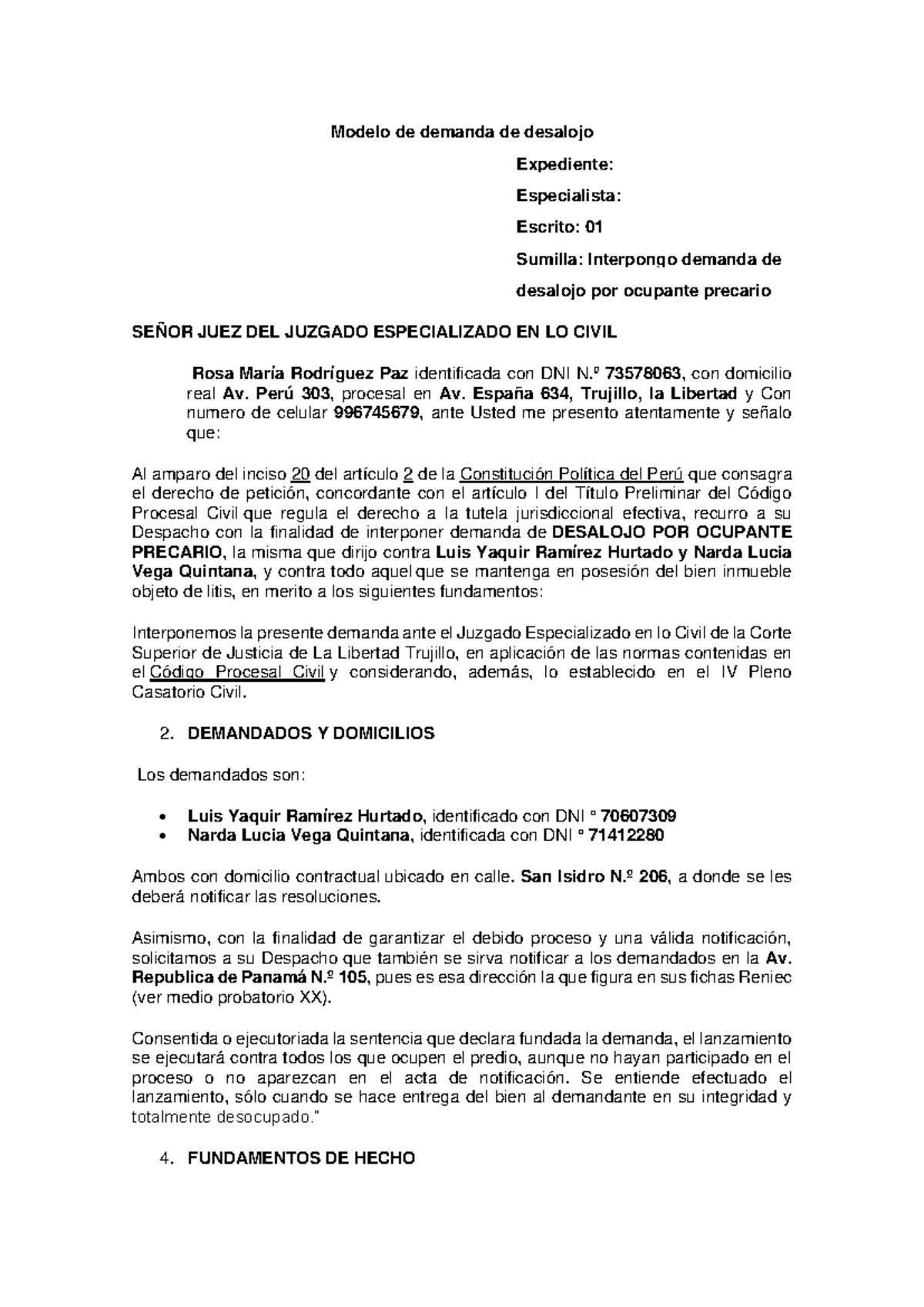 Modelo de Demanda de Desalojo por Ocupante Precario - Studocu