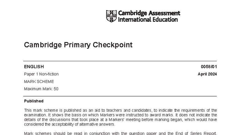 Cambridge Primary Checkpoint ENGLISH Paper 1 Mark Scheme April 2024 ...