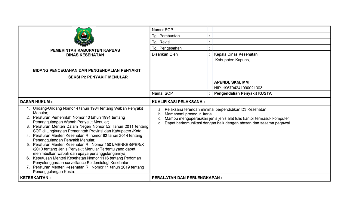 SOP Kusta: Pencegahan dan Penanggulangan Penyakit Menular - Studocu
