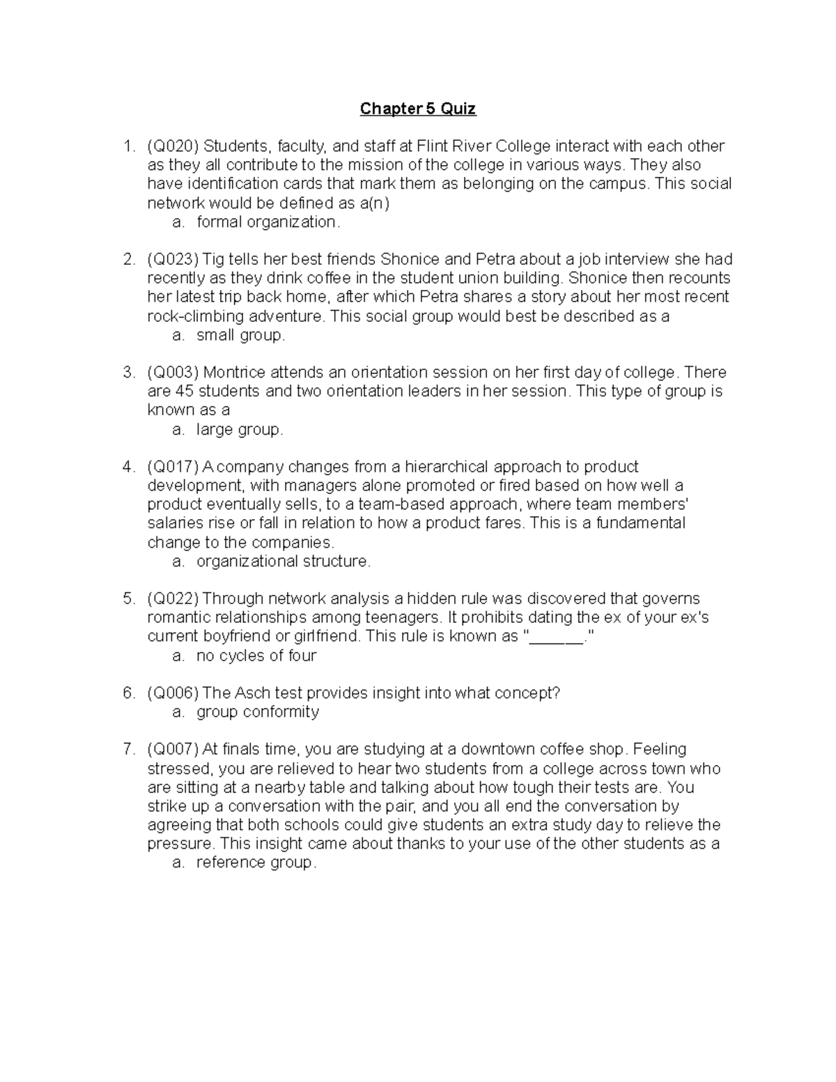 Chapter 5 Quiz Answers and Analysis for Sociology 101 - Studocu