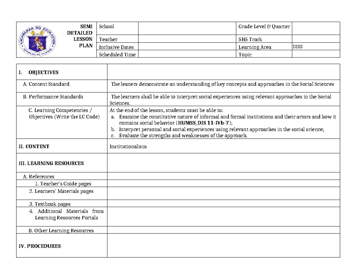Semi-Detailed Lesson Plan in DISS Q4 W1: Understanding Institutions ...