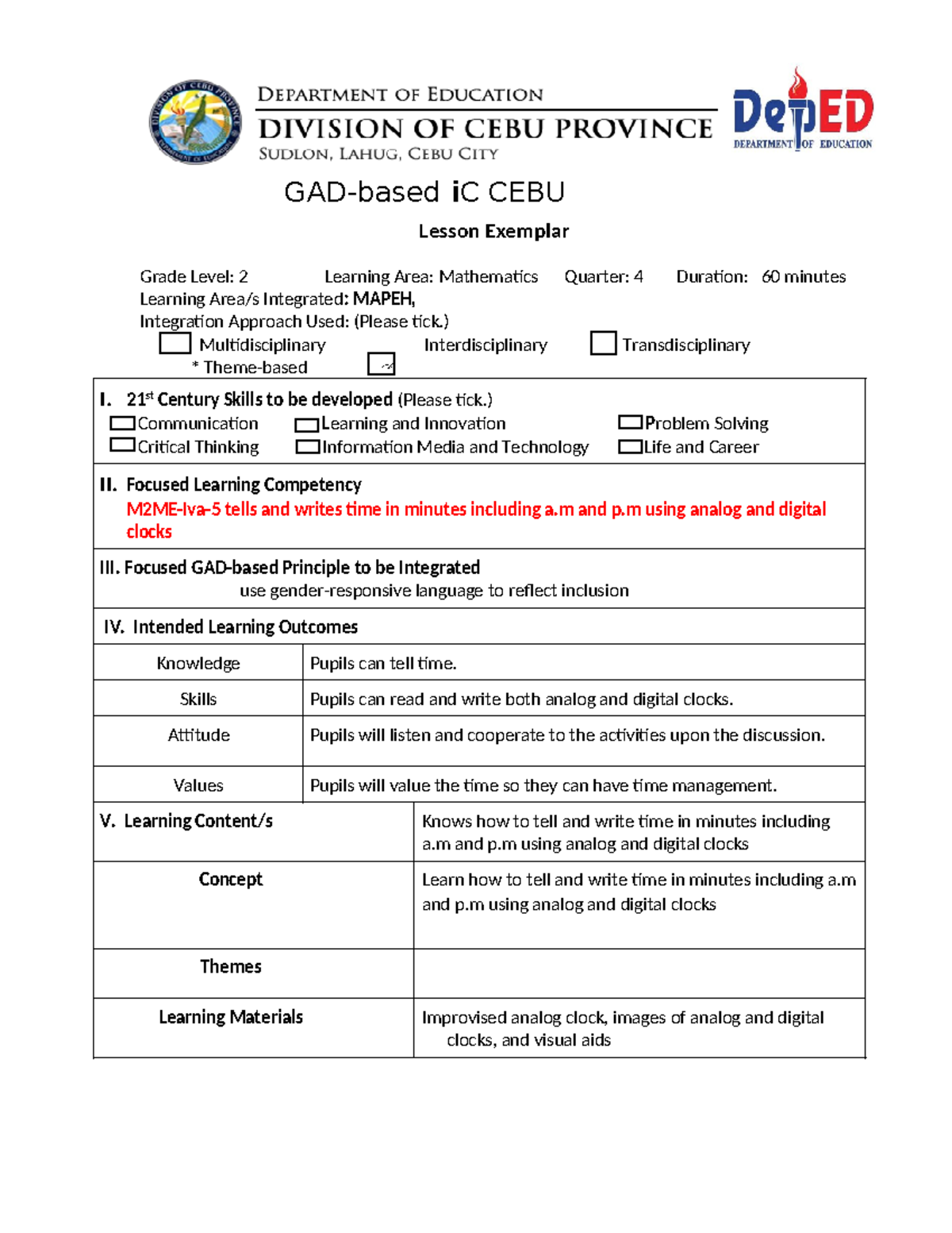 Lesson Plan for Math 5E: Telling Time with Analog & Digital Clocks ...