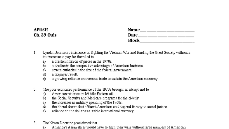 APUSH Ch. 39 Quiz: Vietnam War & Nixon's Policies - Studocu