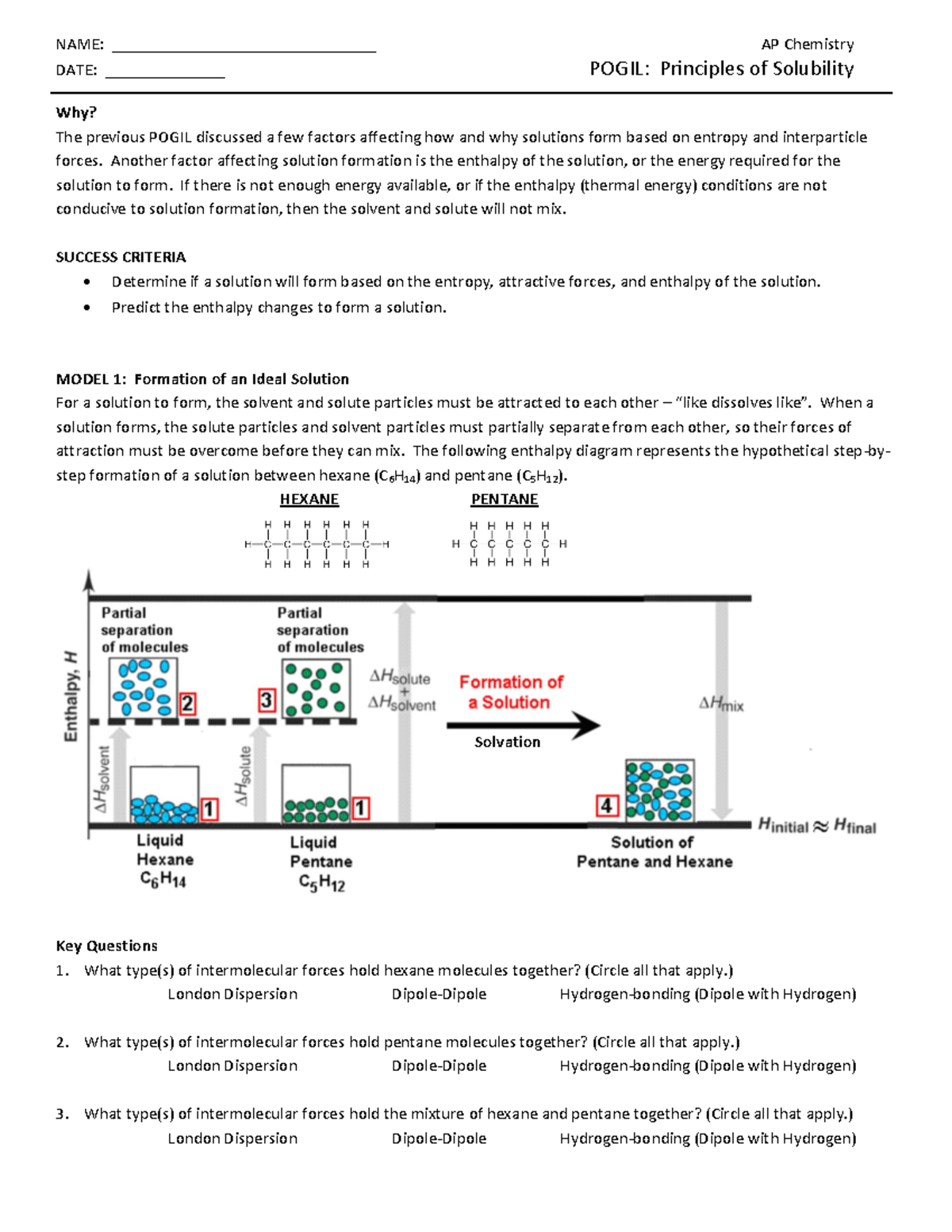 AP Chemistry POGIL: Understanding Principles of Solubility - Studocu